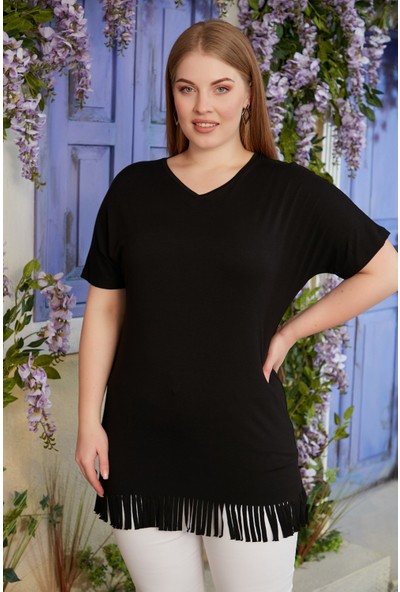 Rmg Eteği Saçaklı Büyük Beden Siyah Tişört Rmg Eteği Saçaklı Büyük Beden Siyah Tişört