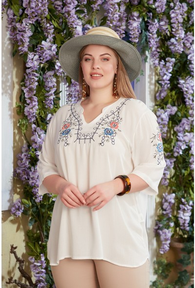 Rmg Yaka ve Kol Nakış Detaylı Büyük Beden Ekru Bluz