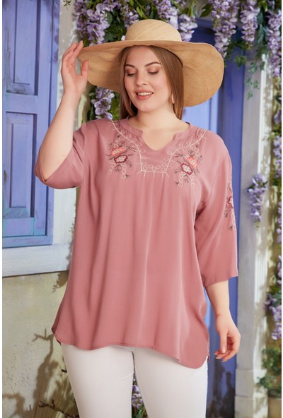 Rmg Yaka ve Kol Nakış Detaylı Büyük Beden Gül Kurusu Bluz