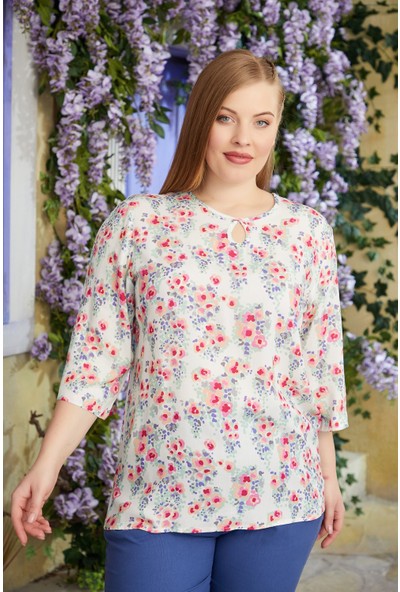 Rmg Çiçek Desenli Yaka Detaylı Büyük Beden Beyaz Bluz