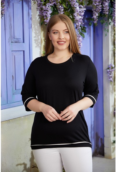 Rmg Kol ve Eteği Biye Detaylı Büyük Beden Siyah Tişört