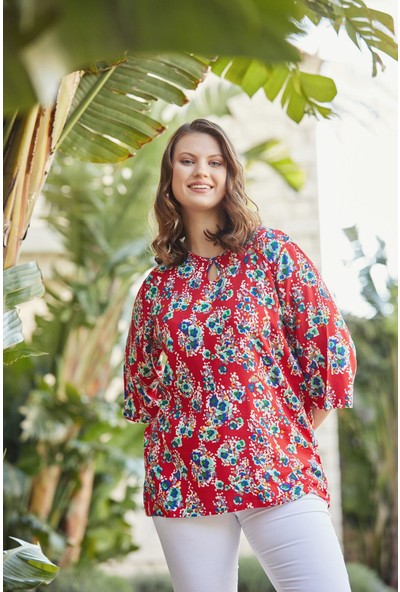 Rmg Çiçek Desenli Yaka Detaylı Büyük Beden Kırmızı Bluz
