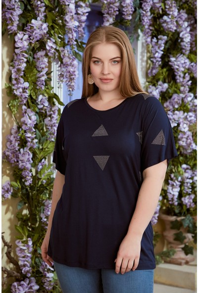 Rmg Üçgen Taş Baskılı Büyük Beden Lacivert Tişört