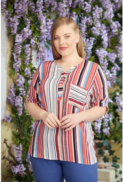 Rmg Cep Detaylı Çizgili Büyük Beden Mercan Bluz