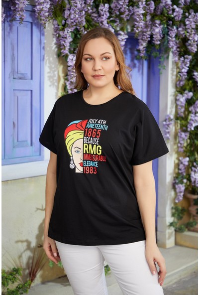 Rmg Baskılı Sırt Detaylı Büyük Beden Siyah Tişört