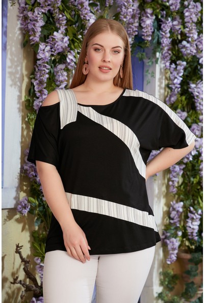 Rmg Omuz Detaylı Büyük Beden Siyah Tişört