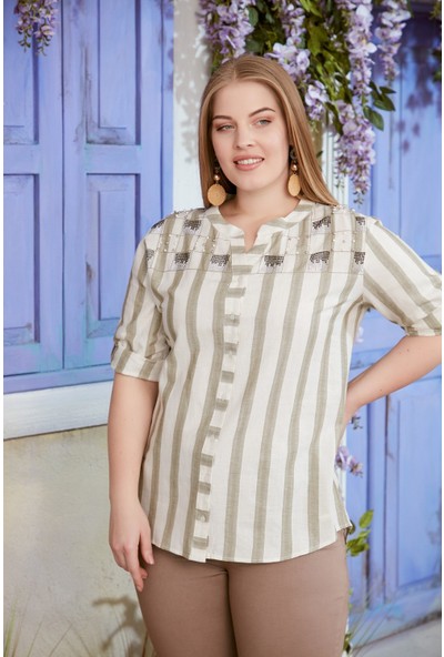 Rmg Yakası Taş Detaylı Büyük Beden Haki Bluz