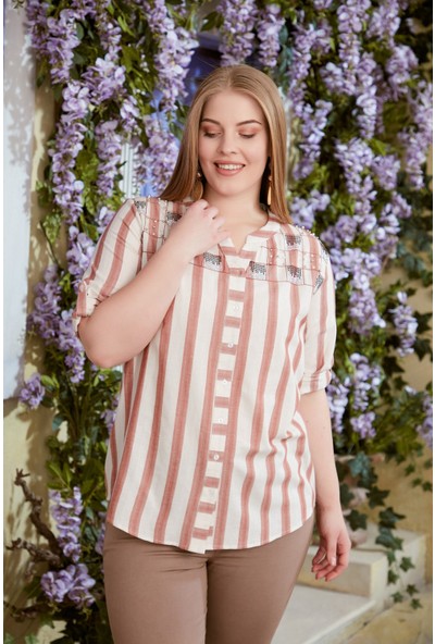 Rmg Yakası Taş Detaylı Büyük Beden Kiremit Bluz