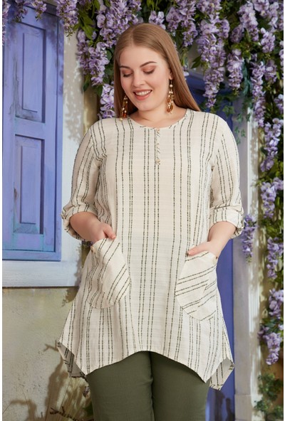 Rmg Cepli Çizgili Büyük Beden Haki Tunik