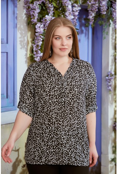 Rmg Çıtır Çiçek Desenli Yaka Detaylı Büyük Beden Siyah Bluz