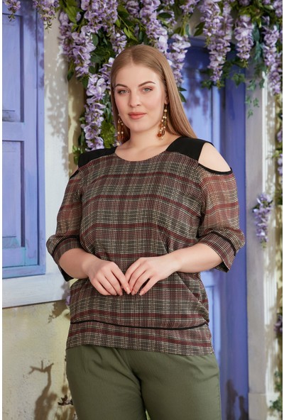 Rmg Omuz Detaylı Büyük Beden Haki Bluz