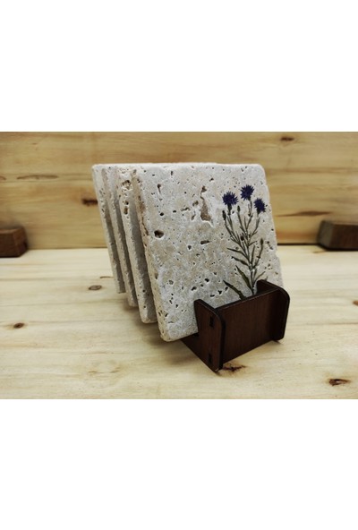 Floral - Traverten Bardak Altlığı 4'lü Set Standlı