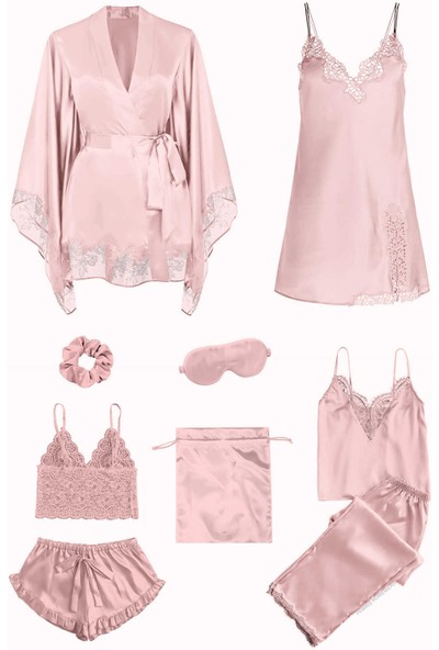 Pembishomewear Satin 9 Pcs Pajama Set Pink Pembishomewear Satin 9 Pcs Pajama Set Pink