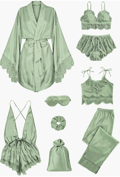 Pembishomewear Rich 9 Pieces Satin Pajama Set Maroon Soft Green Pembishomewear Rich 9 Pieces Satin Pajama Set Maroon Soft Green
