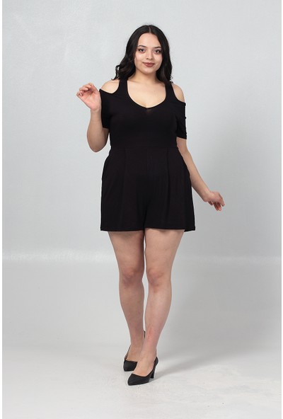 Truva Xxl Büyük Beden Kadın Giyim Omuz Detaylı Tulum Siyah TLM156