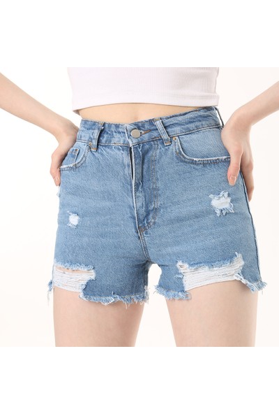 Ecrou Kadın Paçası Püskül Destroylu Denim Şort