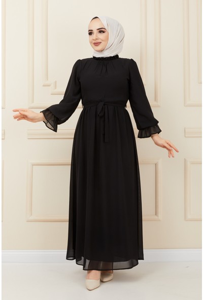 İmaj Butik Yaka Fırfır Detaylı Şifon Tesettür Elbise/siyah