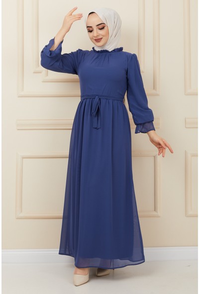 İmaj Butik Yaka Fırfır Detaylı Şifon Tesettür Elbise/indigo