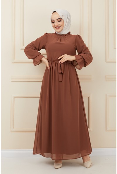 İmaj Butik Yaka Fırfır Detaylı Şifon Tesettür Elbise/kahverengi