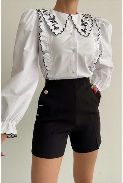 MyLove Gold Düğmeli Kumaş Şort Siyah