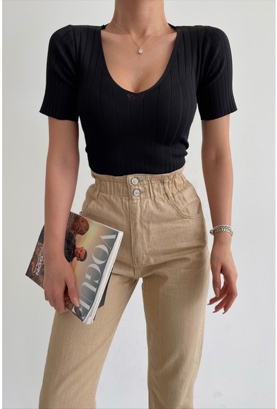 MyLove Nervürlü Kısa Kol Triko Bluz Siyah