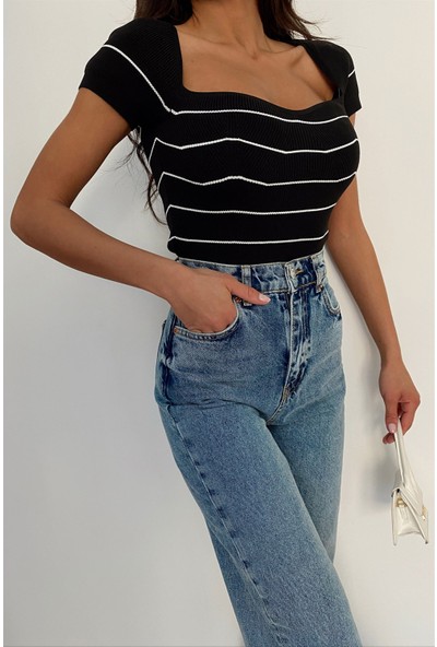 MyLove Çizgili Kalp Yaka Bluz Siyah MyLove Çizgili Kalp Yaka Bluz Siyah