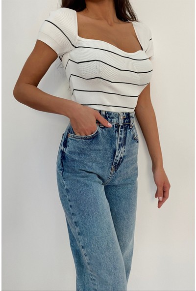 MyLove Çizgili Kalp Yaka Bluz Beyaz