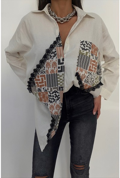 MyLove Etnik Desenli Cut Keten Gömlek Beyaz
