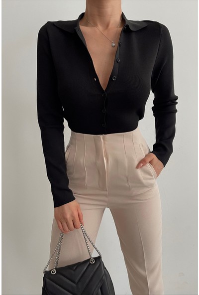 MyLove Bebe Yaka Çelik Örme Hırka Siyah