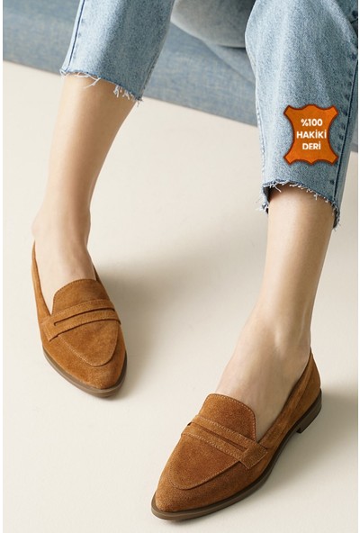 Mio Gusto River Süet Taba Kadın Loafer Günlük Düz Ayakkabı