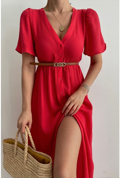 MyLove Düğme Detaylı Salaş Elbise Kırmızı