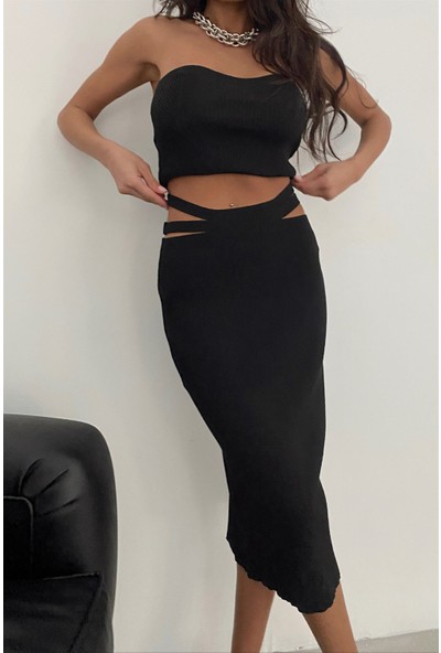 MyLove Yırtmaçlı Straplez Triko Takım Siyah MyLove Yırtmaçlı Straplez Triko Takım Siyah