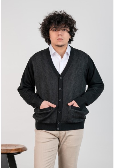 Woolen World Düğmeli Çift Cepli Desenli Erkek Triko Hırka Woolen World Düğmeli Çift Cepli Desenli Erkek Triko Hırka