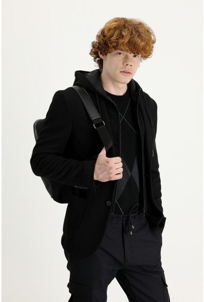 Süper Slim Fit Kapüşonlu Kuşgözü Spor Ceket