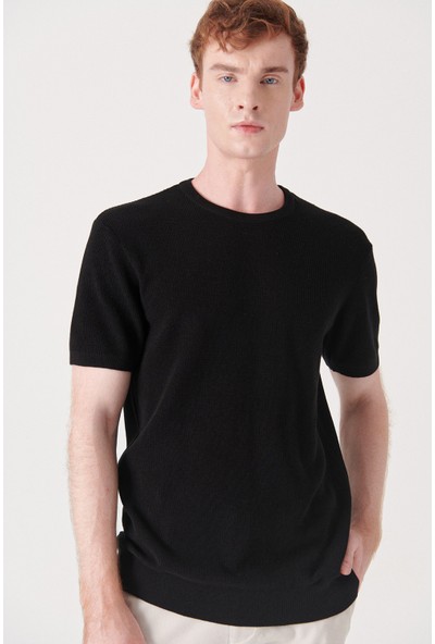 Avva Erkek Siyah Bisiklet Yaka Jakarlı Kazak E005010