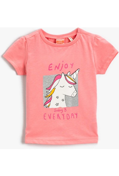 Koton Kız Bebek Unicorn Baskılı Tişört Bisiklet Yaka Pamuklu