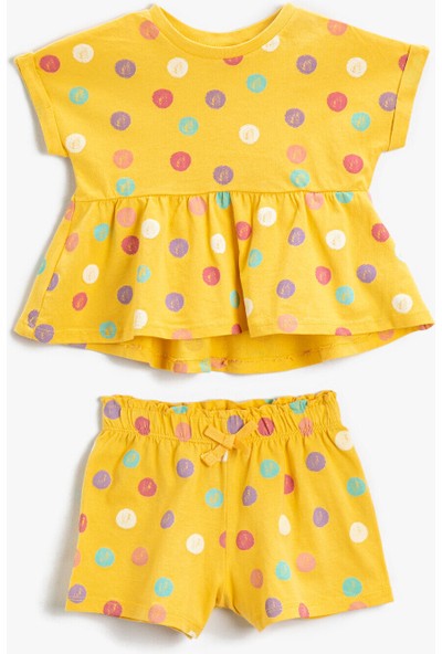 Koton Kız Bebek Puantiye Baskılı Fırfırlı Tişört Şort Set Pamuklu