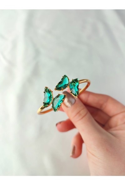 Evorya Kadın Yeşil Cam Kelebekli Paslanmaz Çelik Bilezik