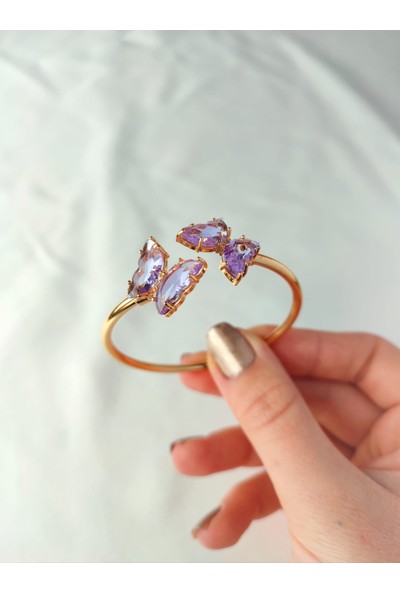 Evorya Kadın Mor Cam Kelebekli Paslanmaz Çelik Bilezik