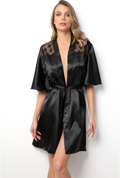 Doremi Miorre Sırtı Dantelli Saten Sabahlık