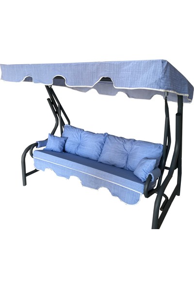 Vip Home Concept 3 Kişilik Lüks Vip Salıncak Minderi Düğmeli-Süngerli Bahçe Minderi Mavi Çizgili