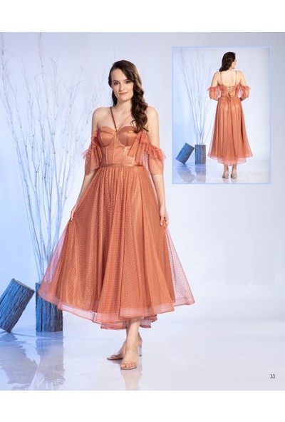 Juzenna Boyundan Askılı Midi Boy Puantiyeli Düşük Kol Abiye Mezuniyet Elbisesi