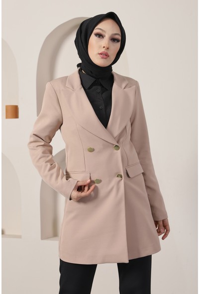 İmaj Butik Kruvaze Yaka Tesettür Blazer Ceket/bej