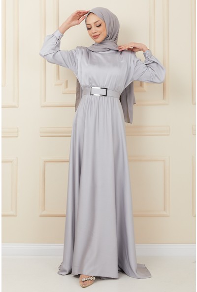 İmaj Butik Omuz Vatkalı Mevlana Saten Tesettür Abiye/gri