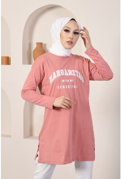 İmaj Butik Baskı Detaylı Tesettür Penye Tunik/pudra