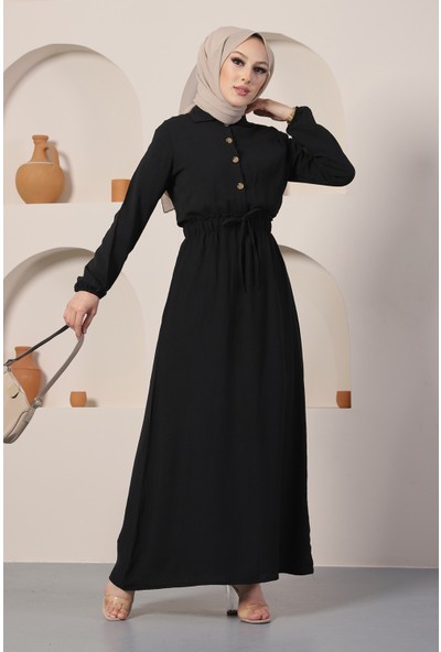 İmaj Butik Gömlek Yaka Önden Düğmeli Tesettür Elbise/siyah