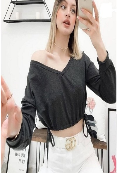 Nefa Ticaret V Yaka Füme Crop Yan Büzgülü Bluz