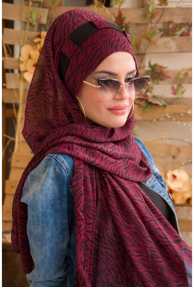 Aişe Tesettür Bordo Zebra Biritli Biritli Hazır Şal - 50200