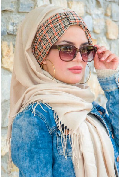 Aişe Tesettür Bej Ekoseli Büzgülü Hazır Şal - 50601