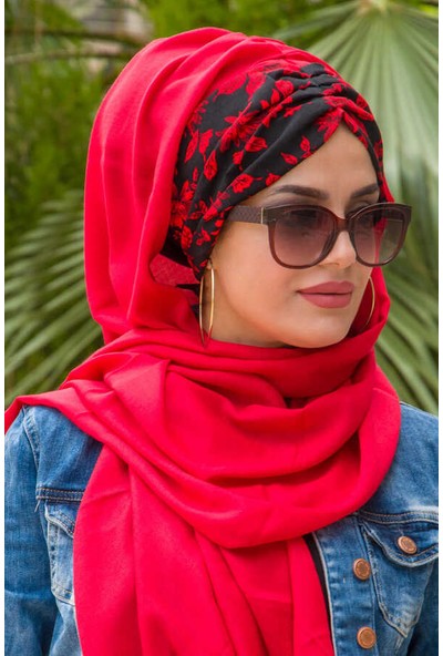 Aişe Tesettür Kırmızı Çiçekli Büzgülü Hazır Şal - 50601